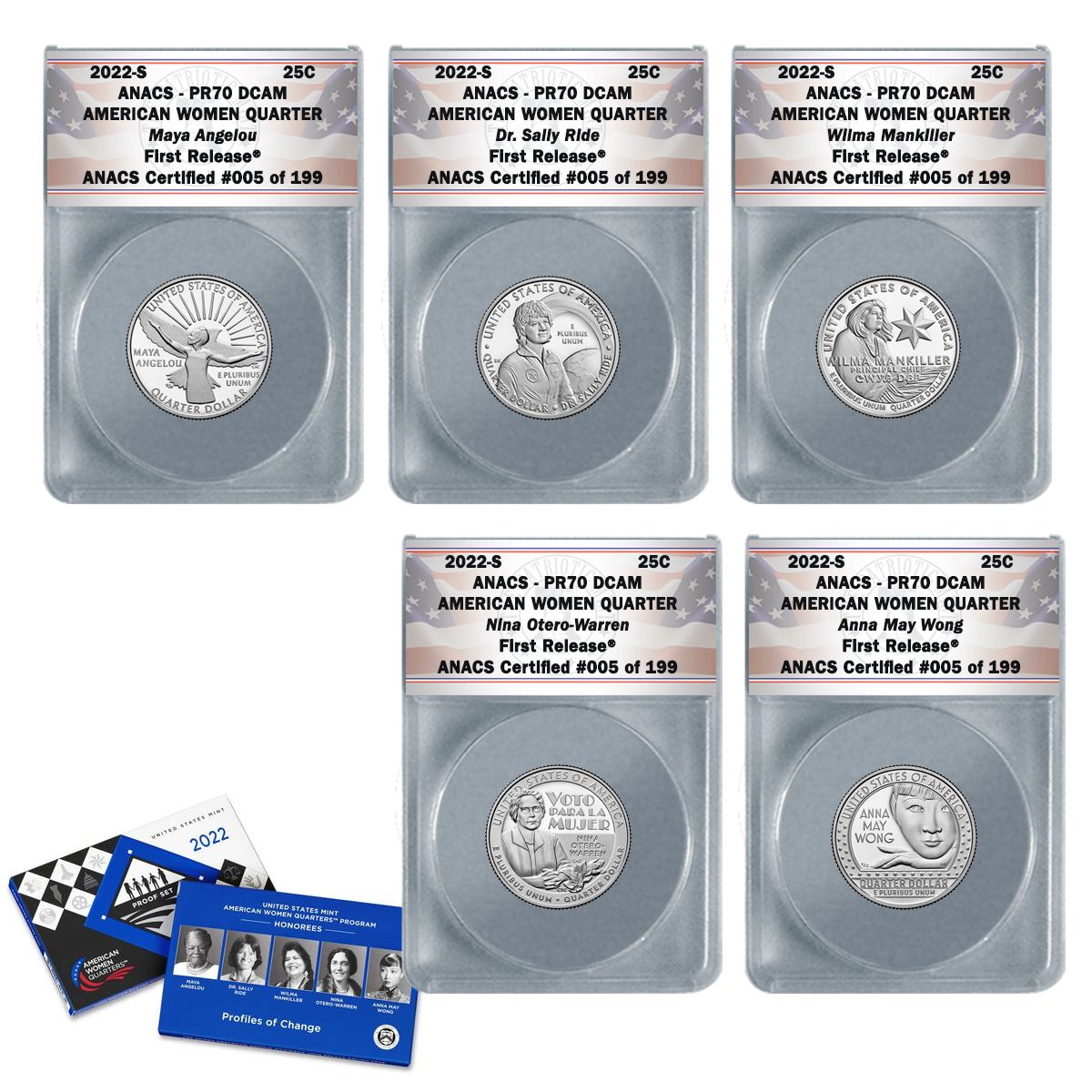 2022 S Clad Proof American Women 5 Coin Quarter Set PR70 (1st Release)